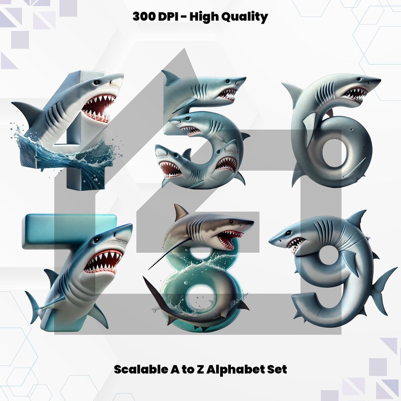 Shark Alphabet Clipart: 3D Doodle Letters, Numbers, PNG (digital ...