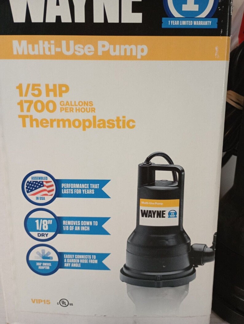 WAYNE VIP15 1/5 HP Thermoplastic Portable Electric Water Removal Pump ...