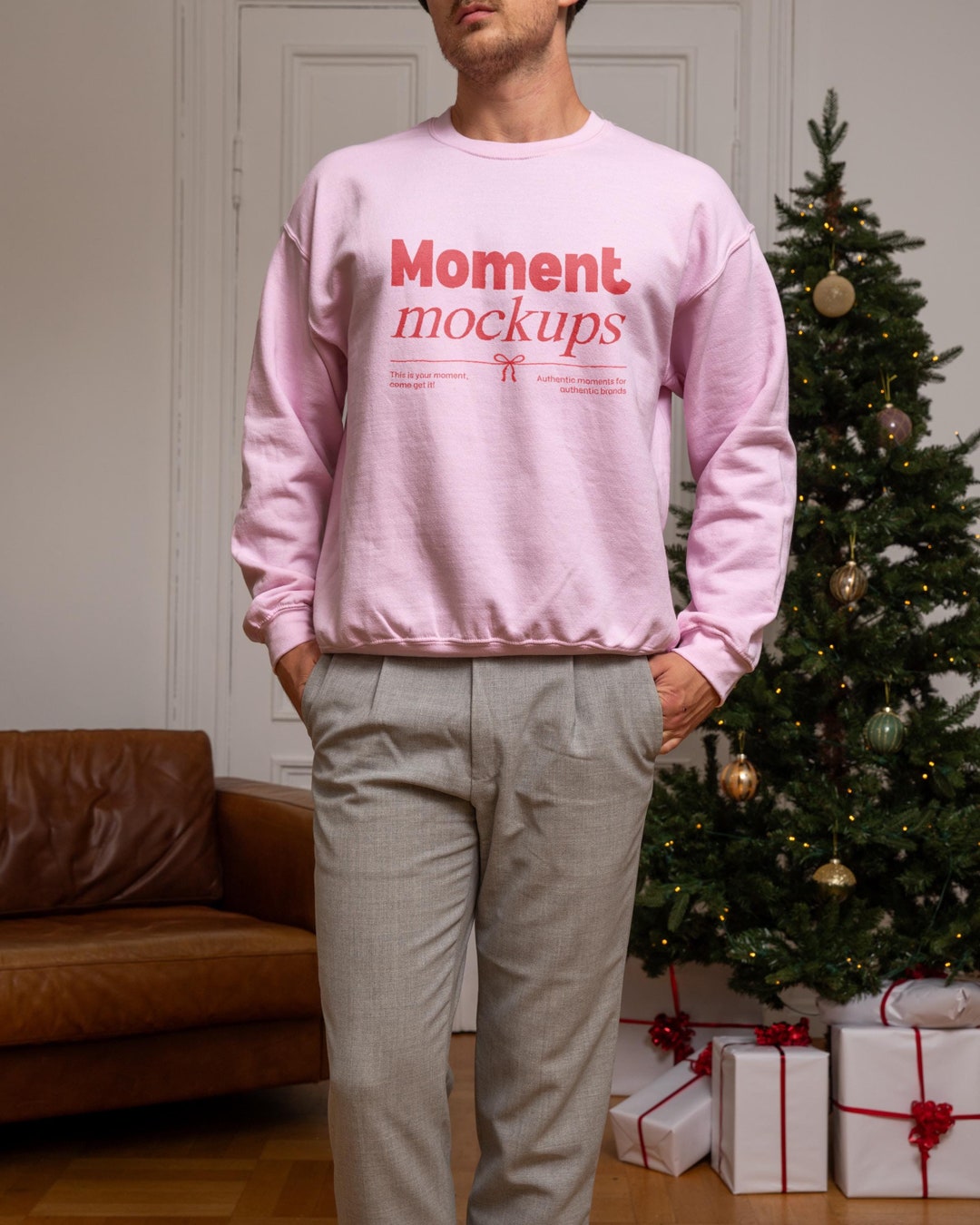 Gildan 18000 Crewneck Light Pink Christmas Male Model Mockup Holiday ...