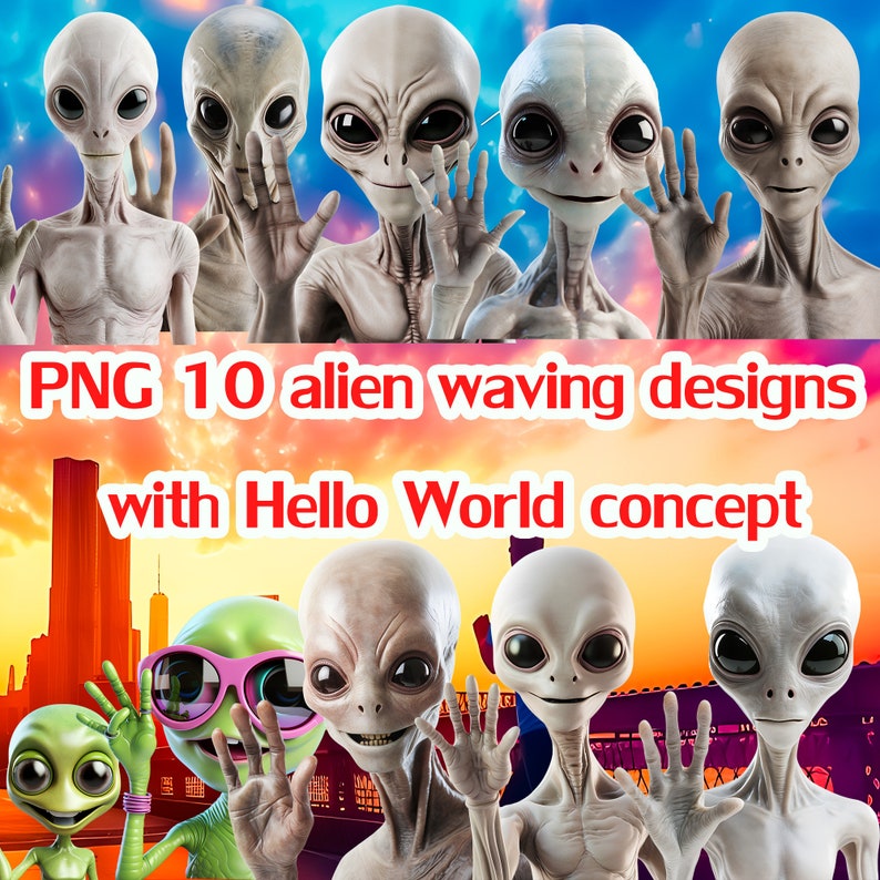 10 PNG Alien Waving Designs With the Concept of Hello World for Use in ...