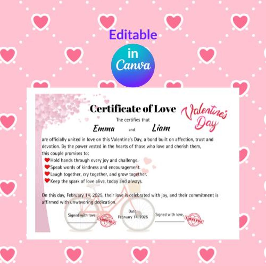 Printable Certificate of Love, Editable Valentine’s Day Gift Digital ...