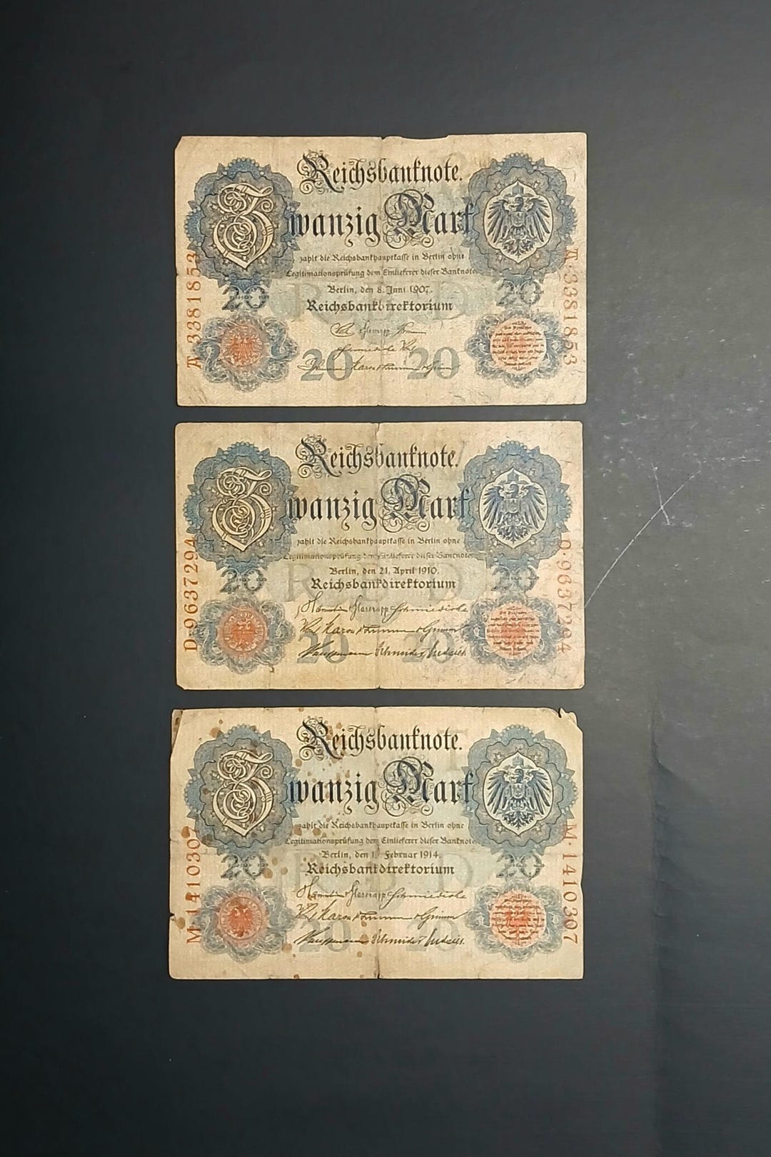 WWI 1907-1914 German Empire 20 Mark 3pc Reichsbanknote Set - Etsy