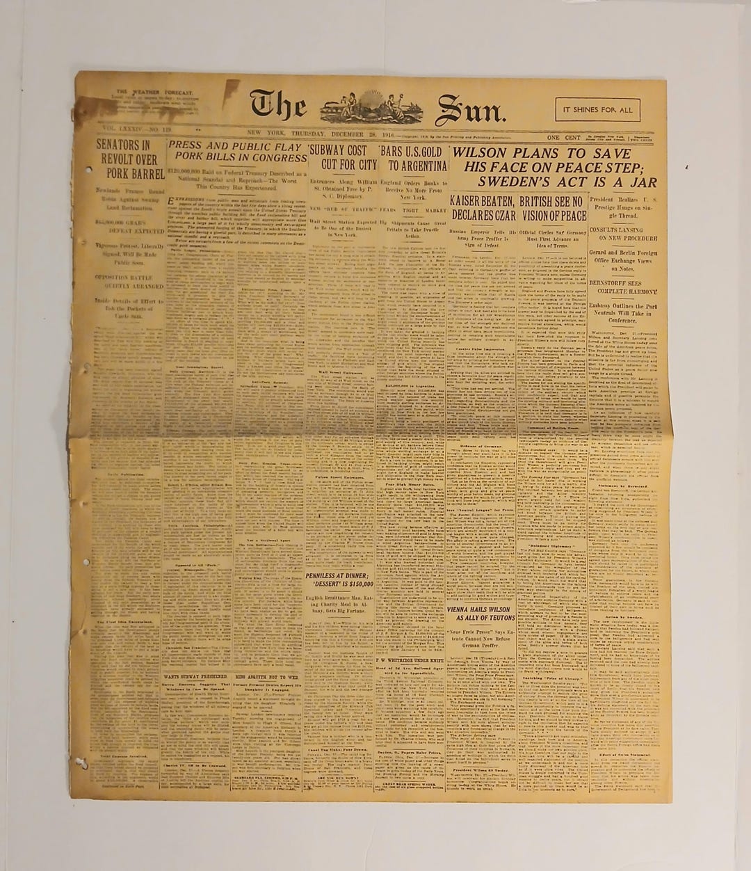 WWI Era Original New York "the Sun" Newspaper Dated Dec 28, 1916 - Etsy