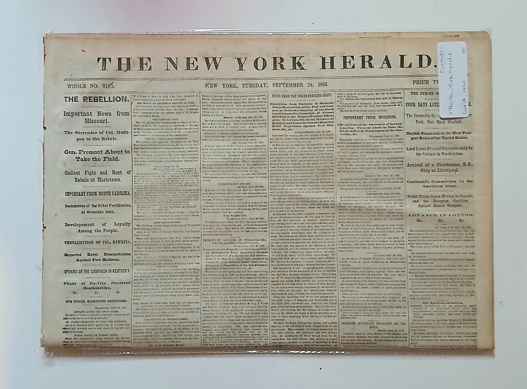 Antique Civil War Era New York Herald Newspaper Dated Sept 24, 1861 - Etsy