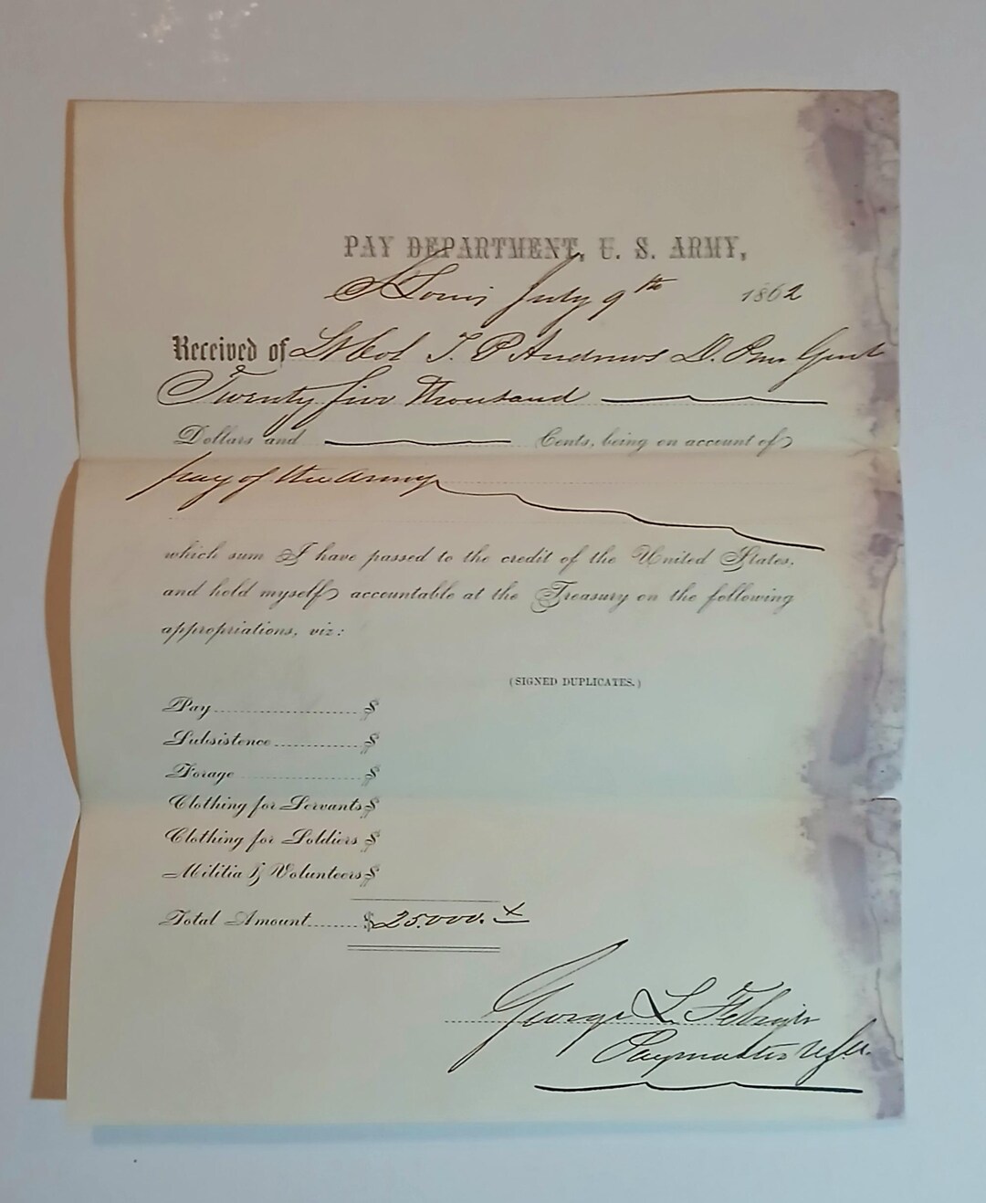 Civil War U.S. Army Paymasters Document, July 9, 1862 - Etsy