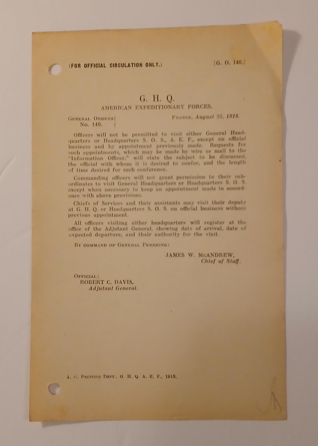 WWI American Expeditionary Force Official General Order No. 140 ...