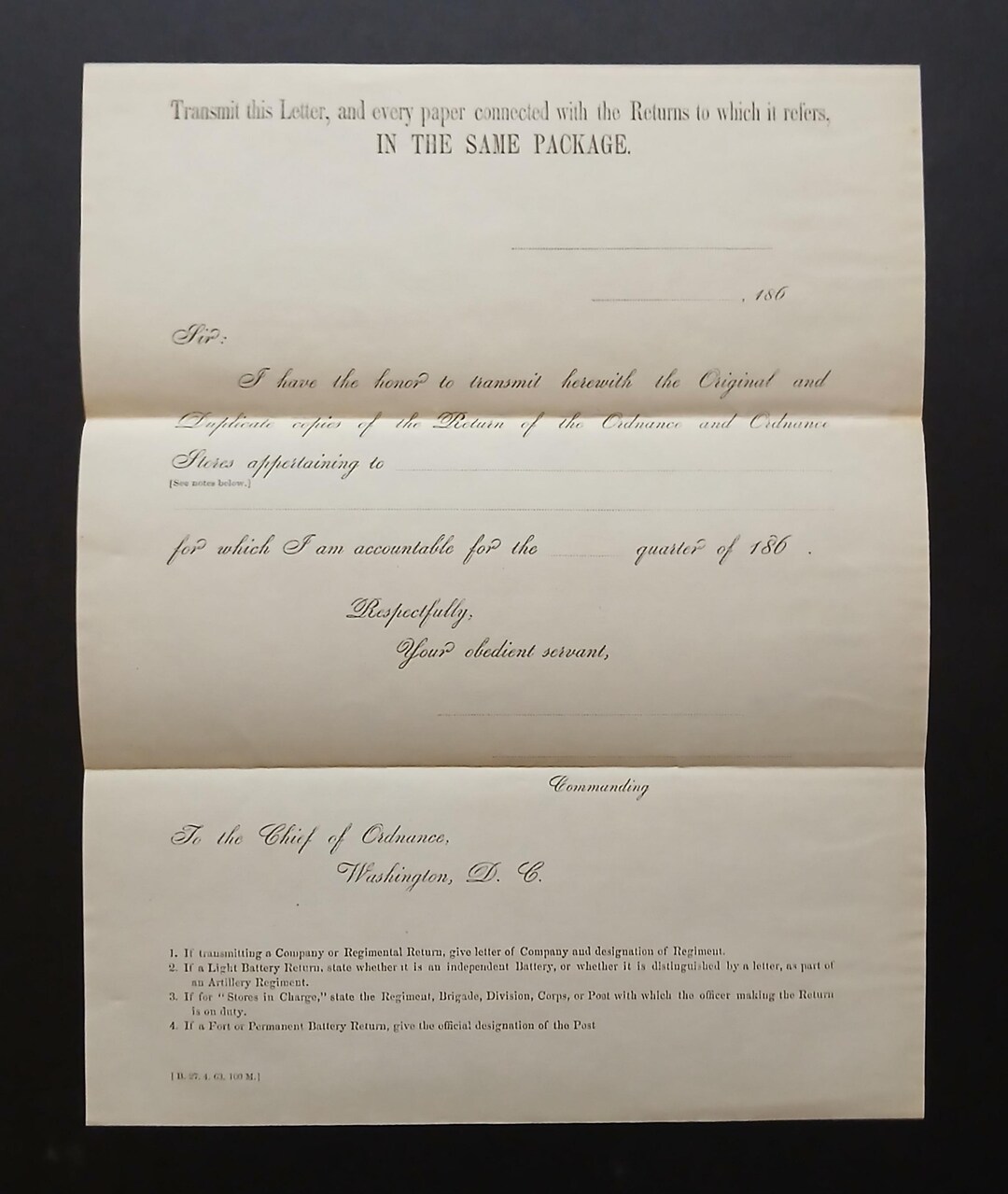 1863 Civil War Blank Union Ordnance Return Form B.27 - Etsy