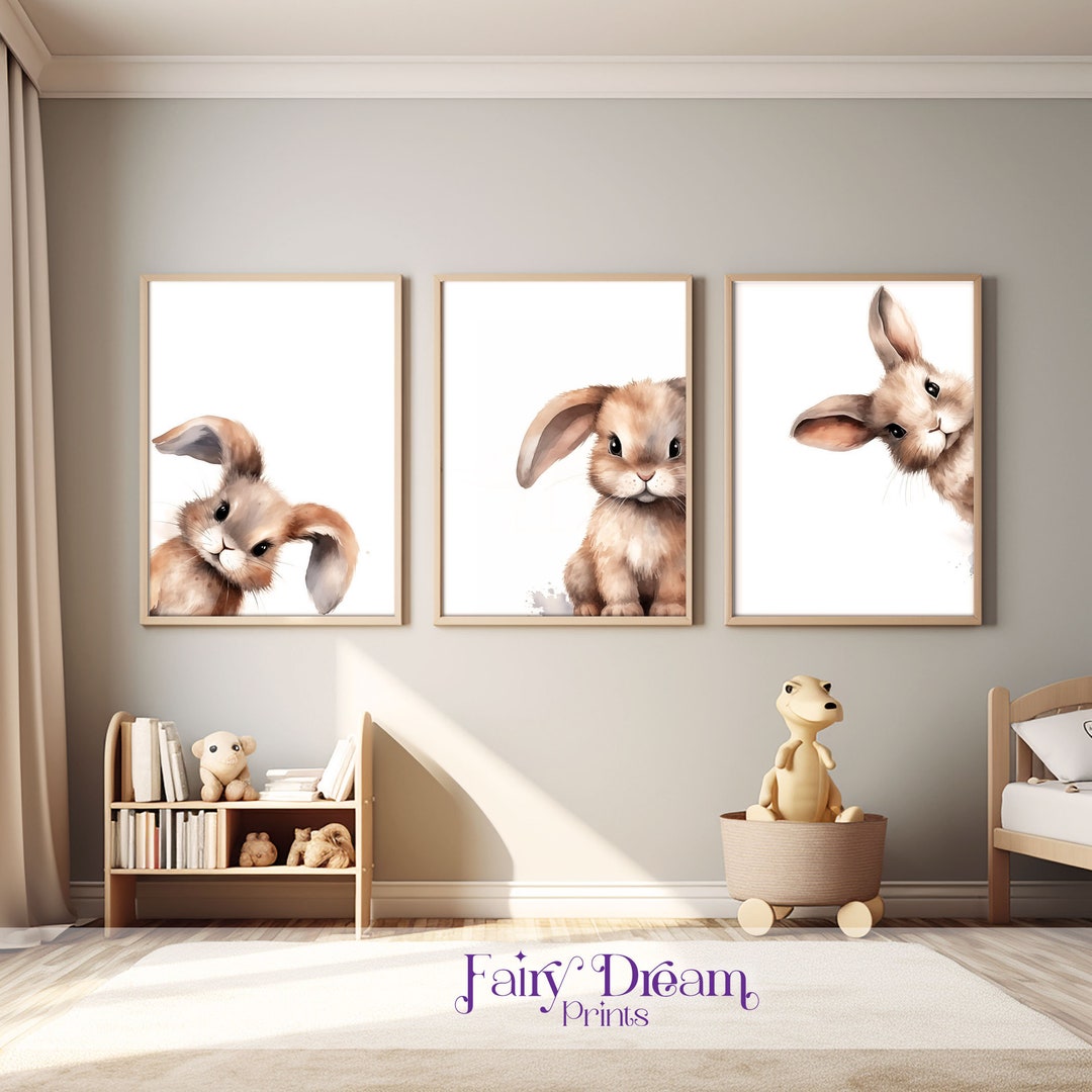 Bunny Nursery Prints Set of 3, Baby Bunny Animal Wall Art, Girl Nursery ...