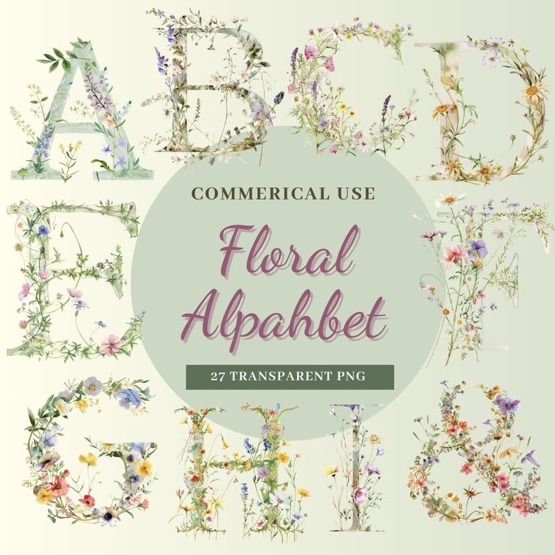 Watercolor Floral Alphabet Clipart, Digital Download, Monogram Font ...