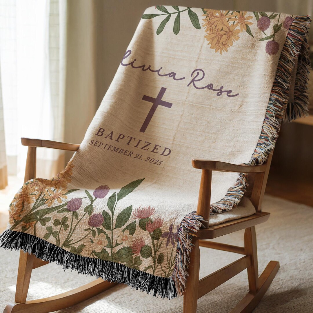 Personalized Baptism Blanket With Cross & Flowers, Custom Christening ...