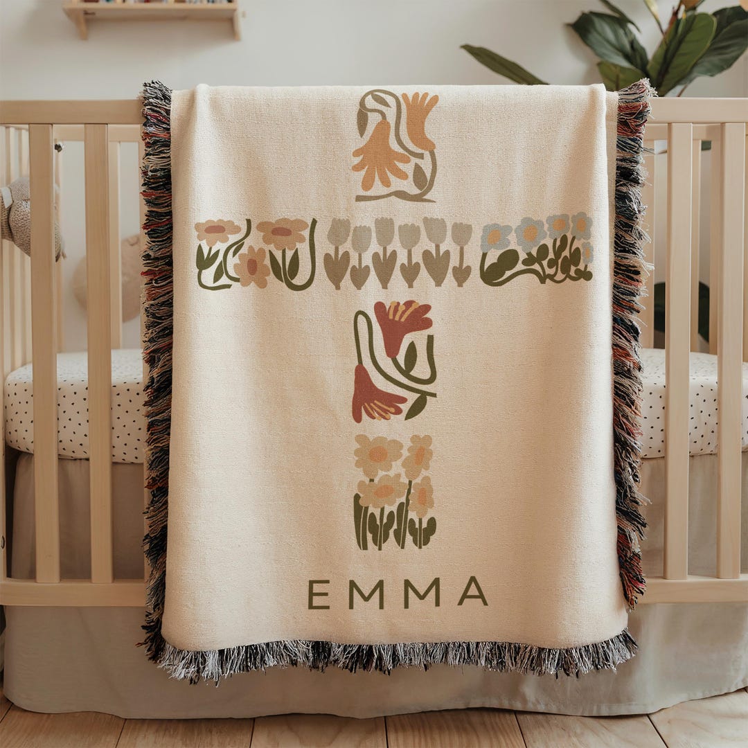 Personalized Baptism Baby Blanket Woven Baby Blanket With Floral Cross ...