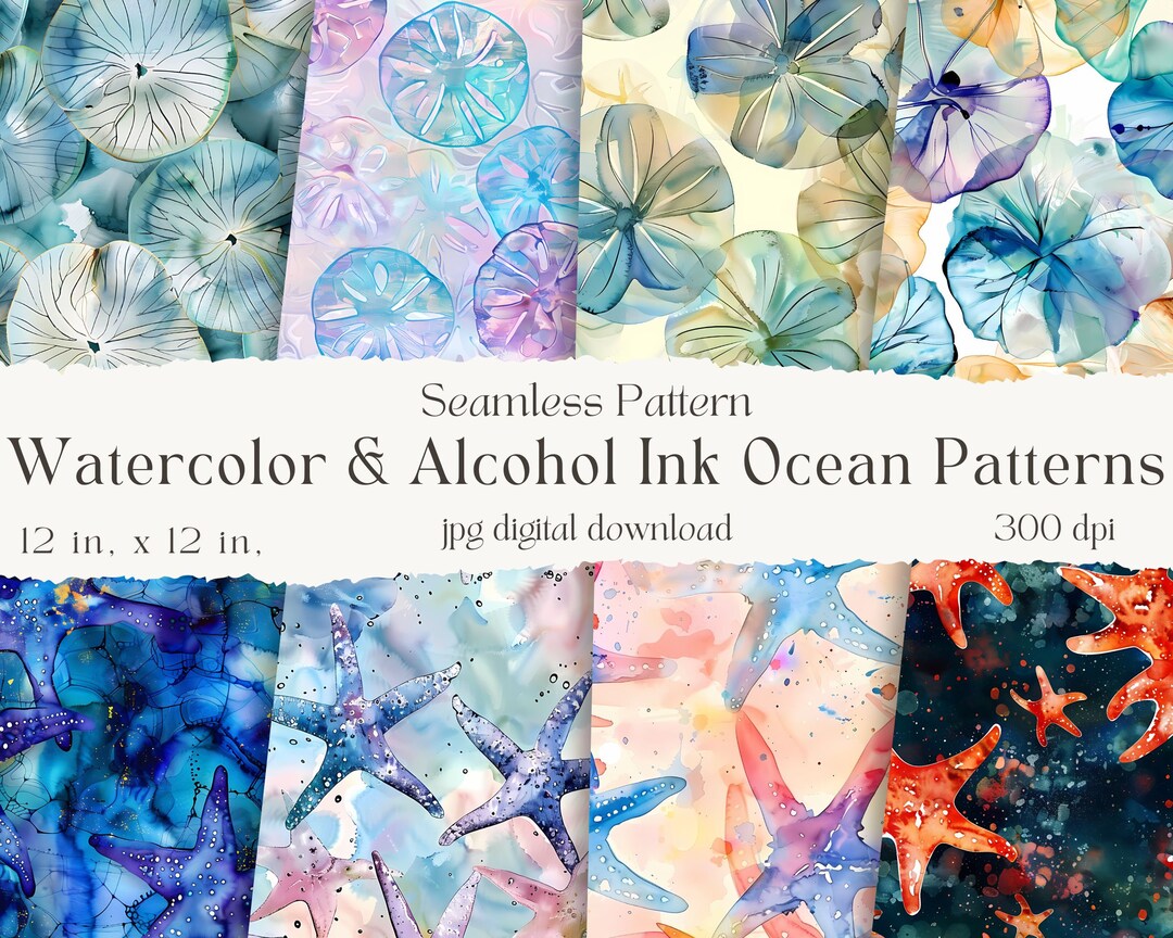 24 Watercolor & Alcohol Ink Ocean Seamless Pattern, Watercolor Patterns ...