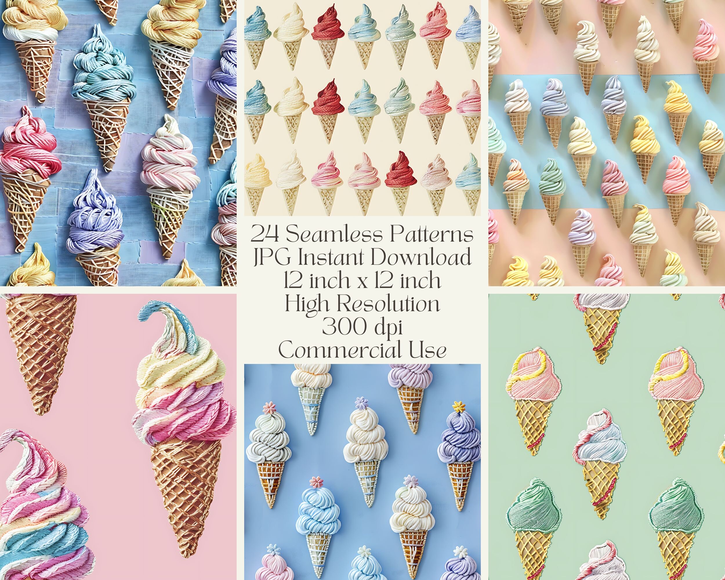 24 Embroidery Style Ice Cream Cone Seamless Pattern, Boho Digital Paper ...