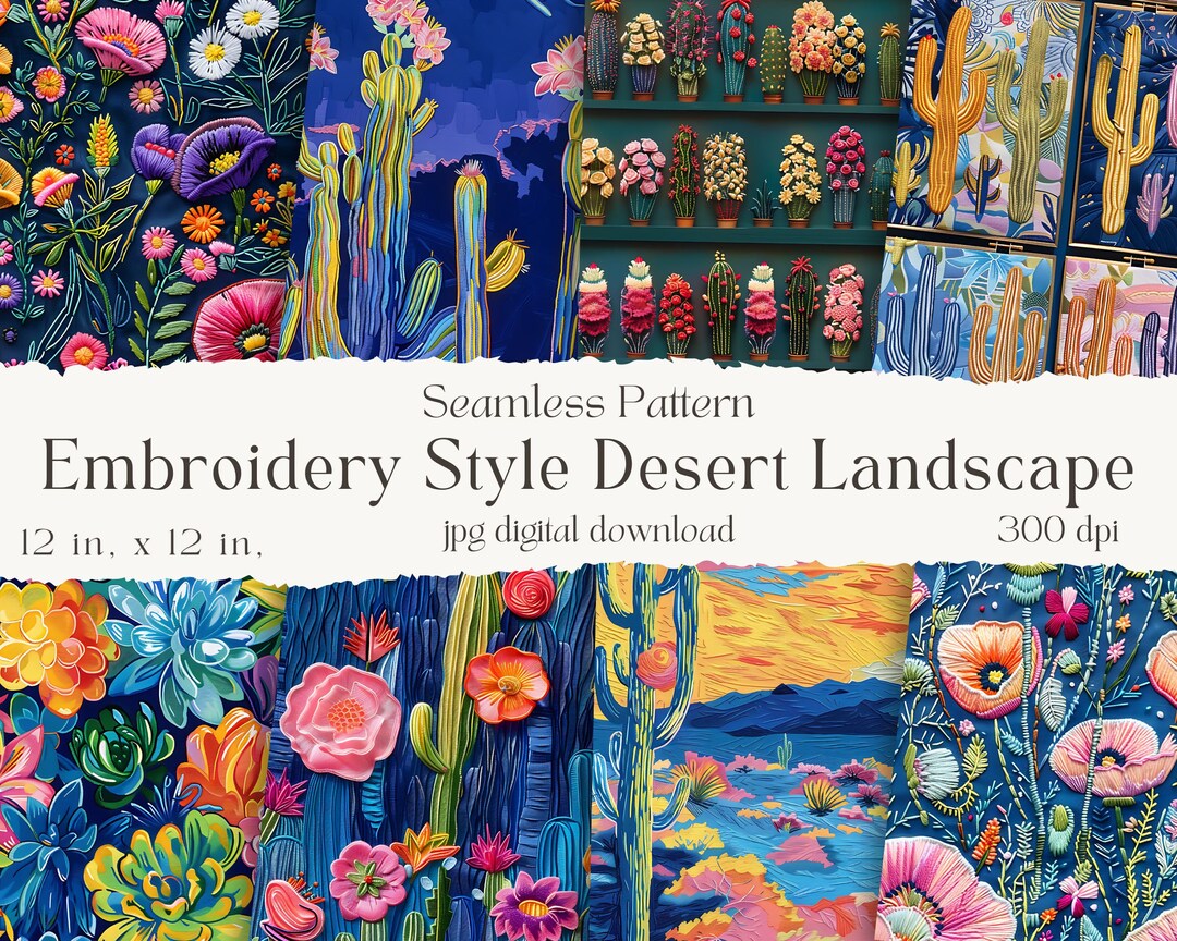 24 Embroidery Style Desert Landscape Seamless Pattern, Preppy Patterns ...