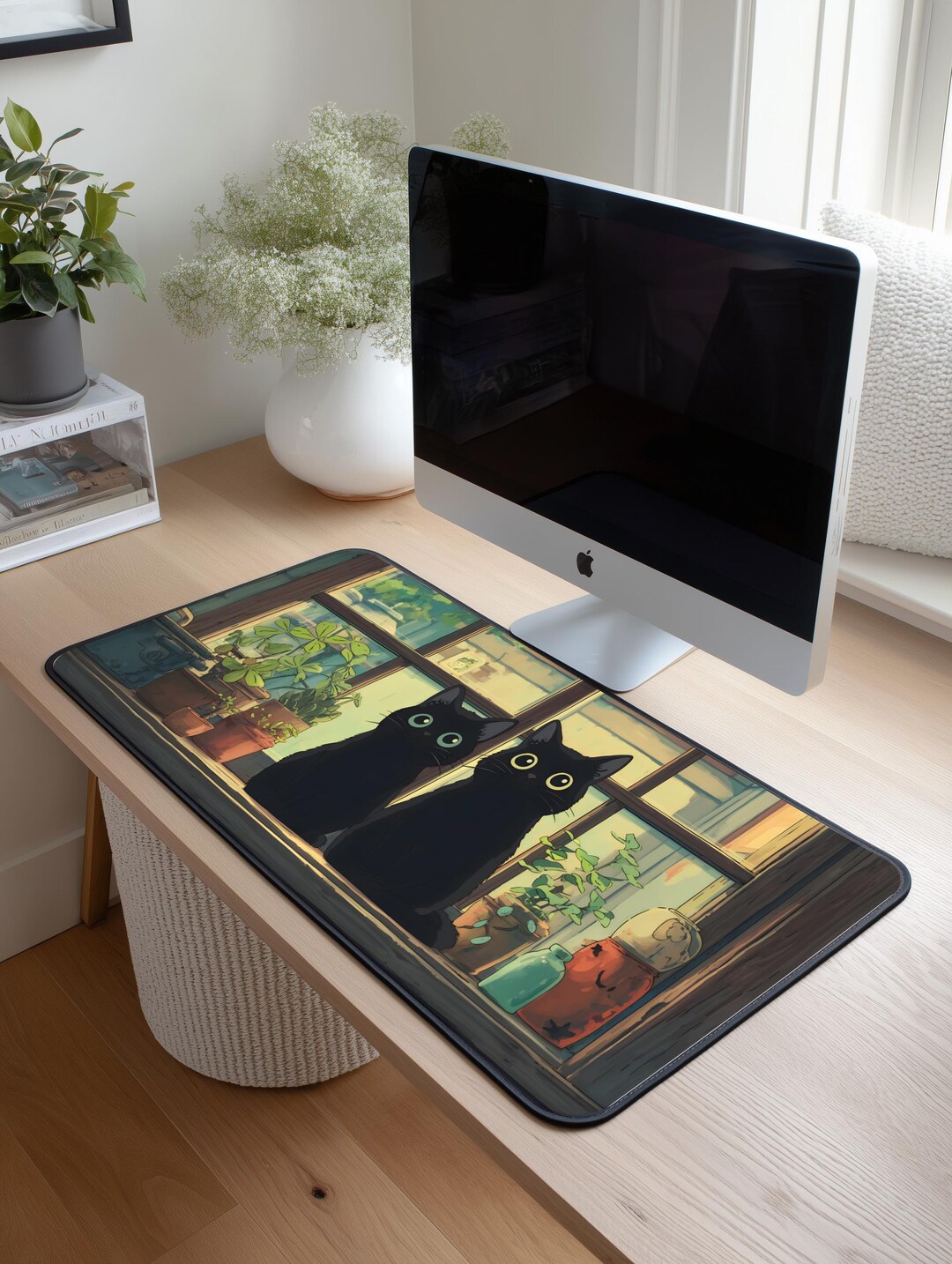 Black Cat Desk Mat | Cozy Window Cat Desk Pad | Plant Lover Office ...