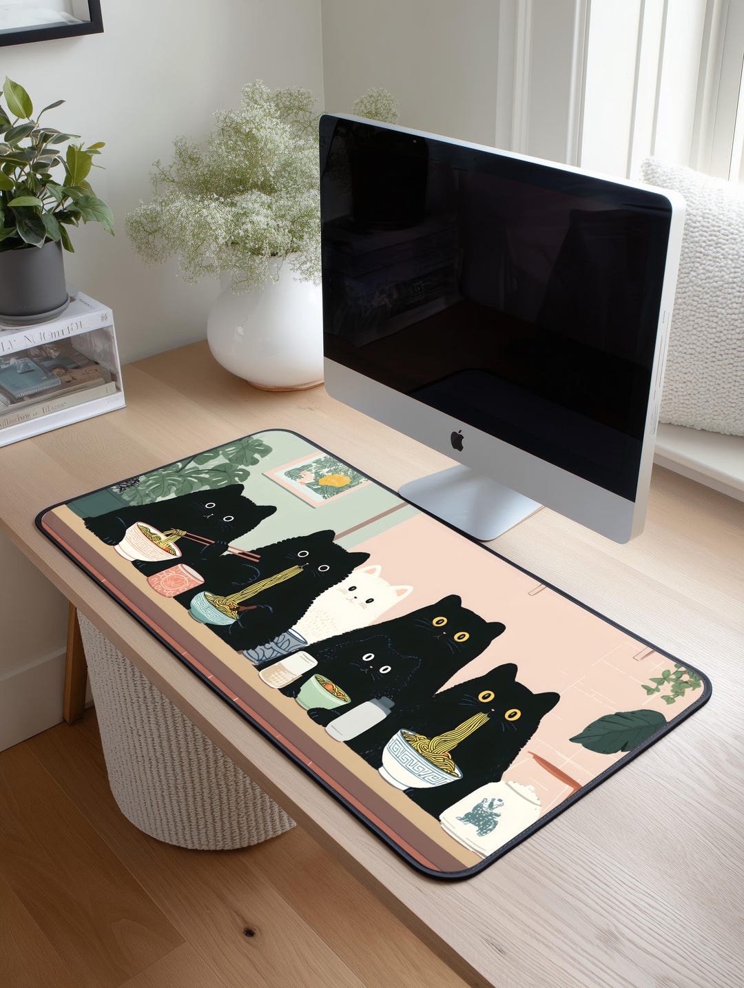 Cute Cat Desk Mat | Cozy Ramen Cats Desk Pad | Kawaii Cat Office Decor ...