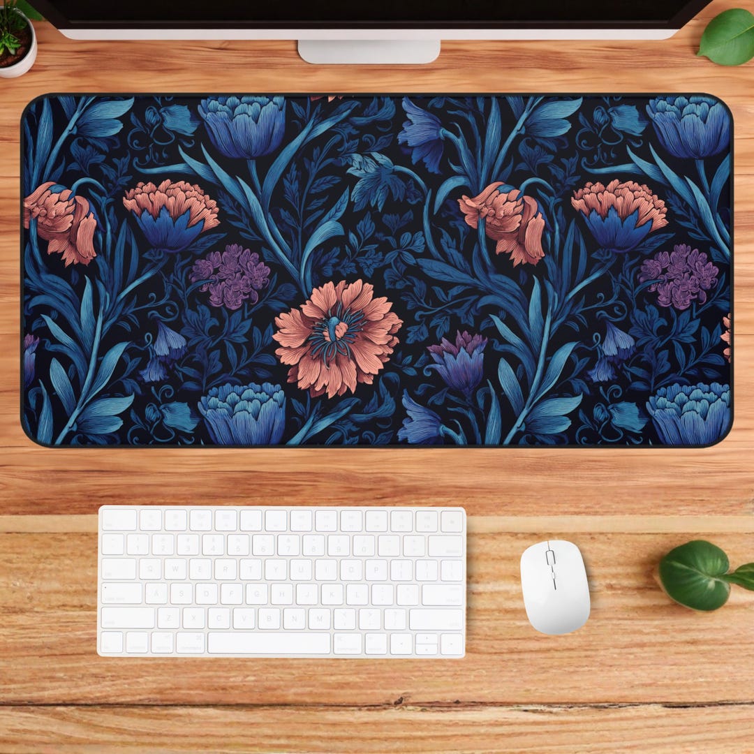 Victorian Botanical Desk Mat | Dark Blue Floral Desk Pad | Antique ...