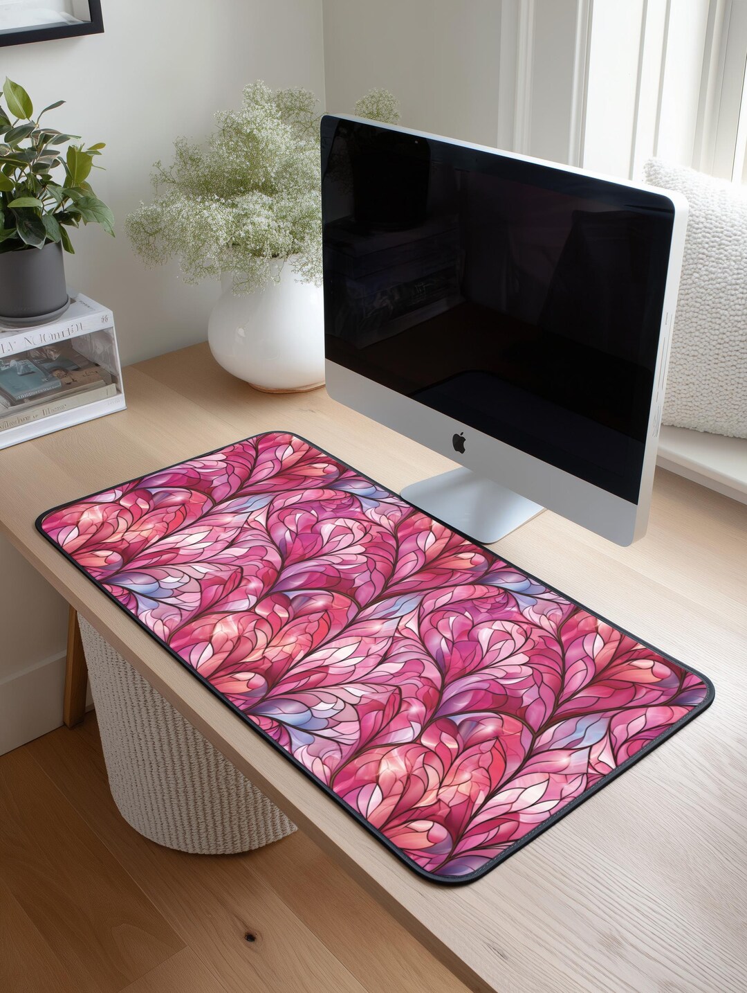 Pink Stained Glass Desk Mat | Floral Stained Glass Desk Pad | Art ...
