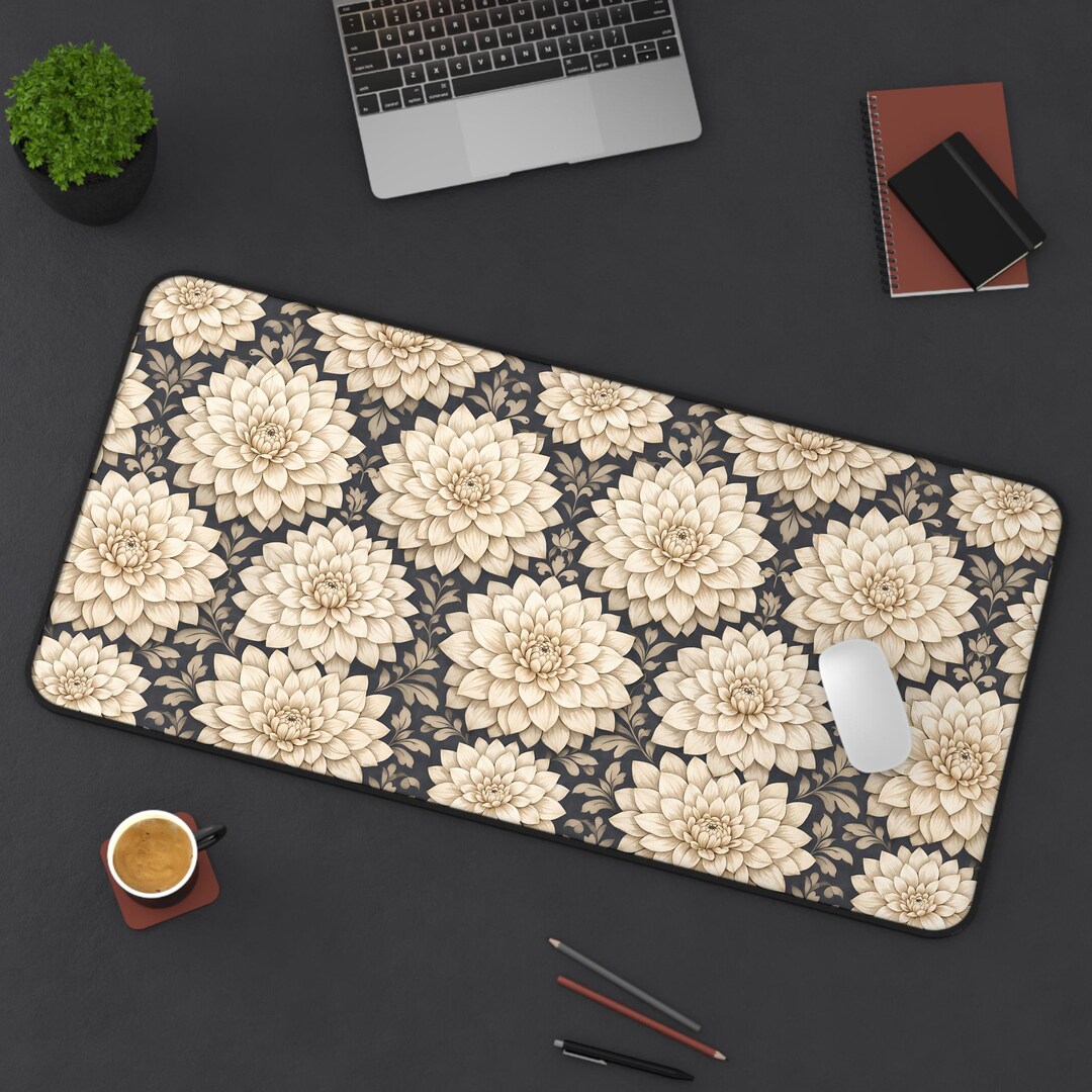 Neutral Dahlia Desk Mat | Beige Floral Desk Pad | Elegant Botanical ...