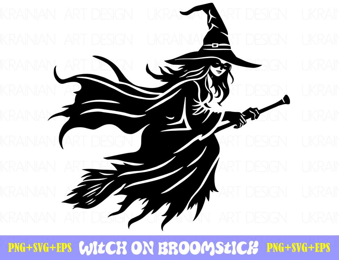 Witch on Broom Vector Clipart, Halloween Clipart, Witch Illustration ...