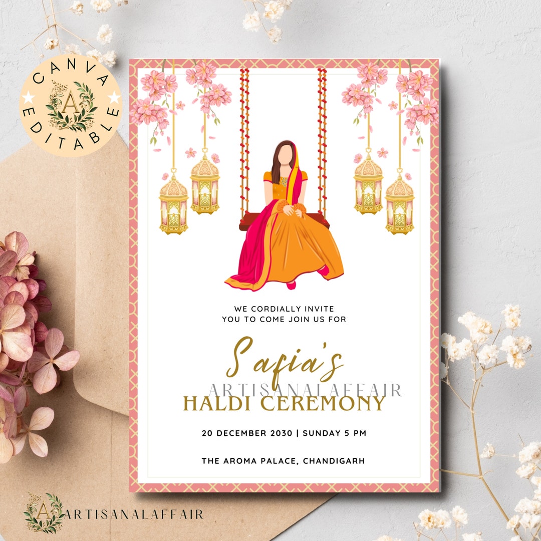 Elegant White Pink Henna Invitation Card Canva Editable Haldi ...