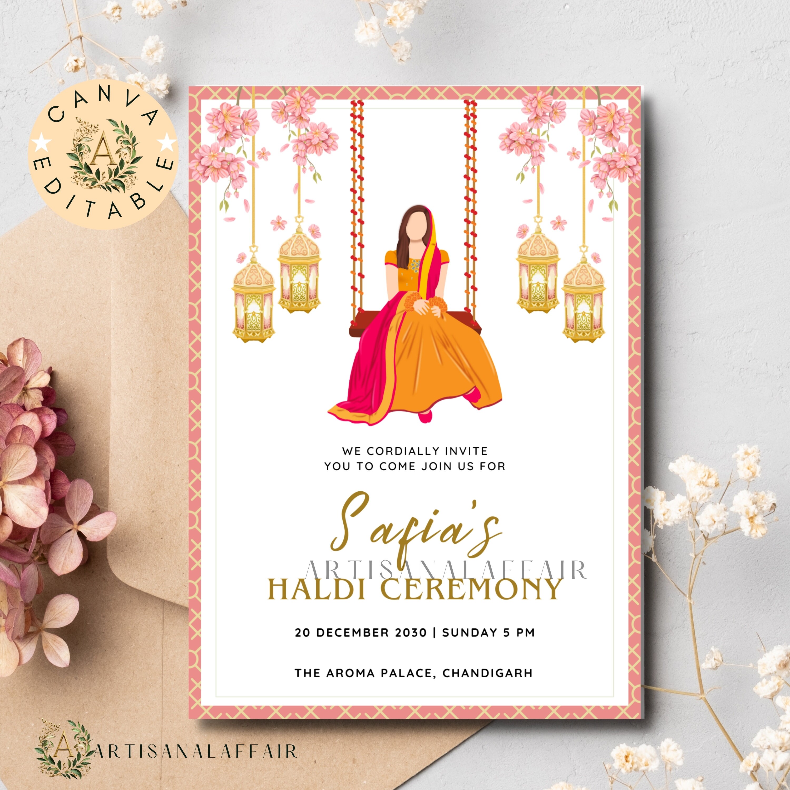 Elegant White Pink Henna Invitation Card Canva Editable Haldi ...