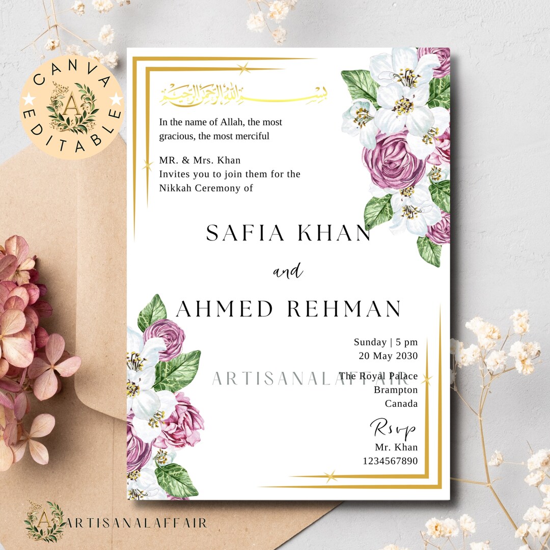 Islamic Wedding Invitation Template Floral Muslim Wedding Invitation ...