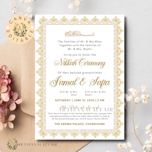Elegant White & Gold Nikkah Invitation Template Canva Editable Nikah ...