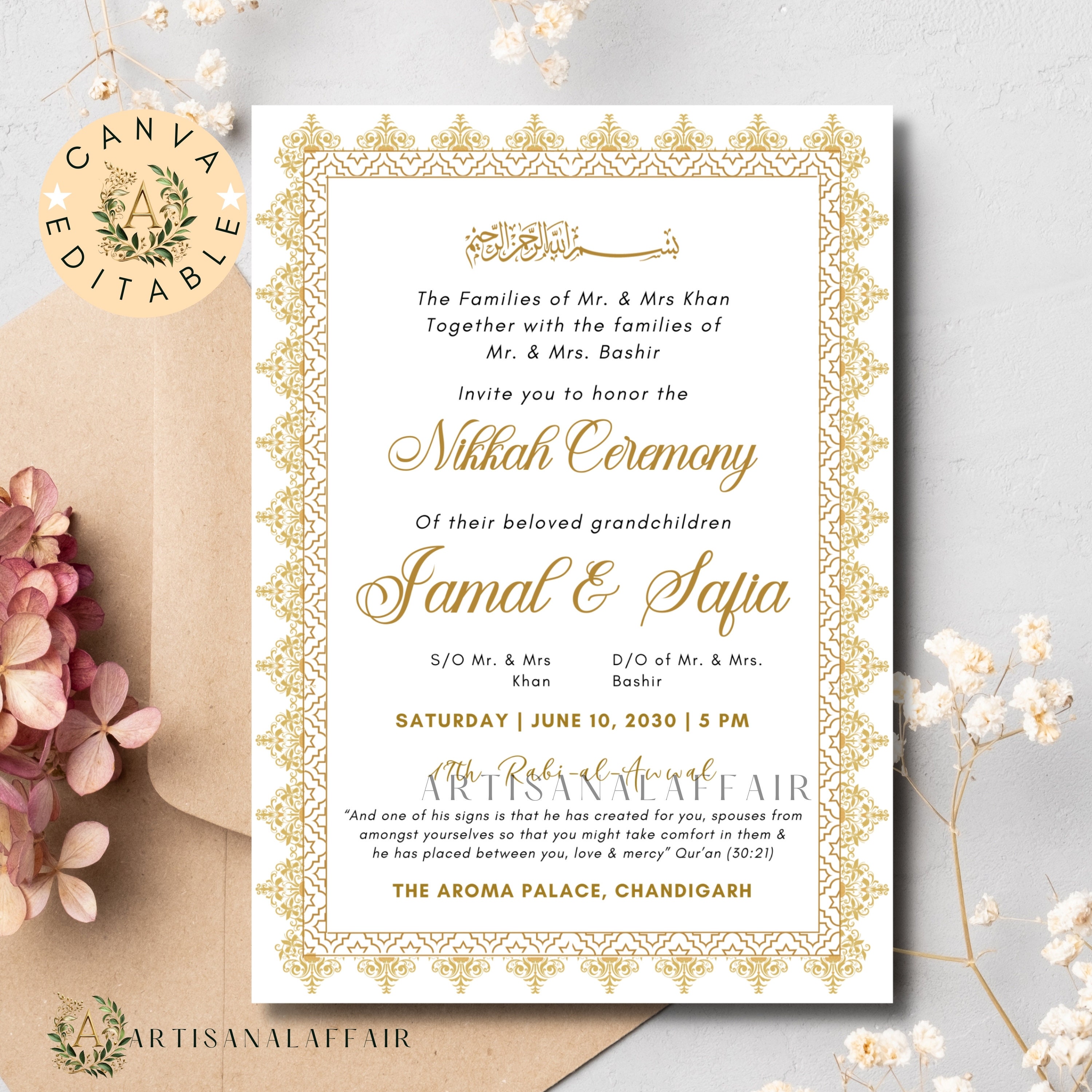 Elegant White & Gold Nikkah Invitation Template Canva Editable Nikah ...