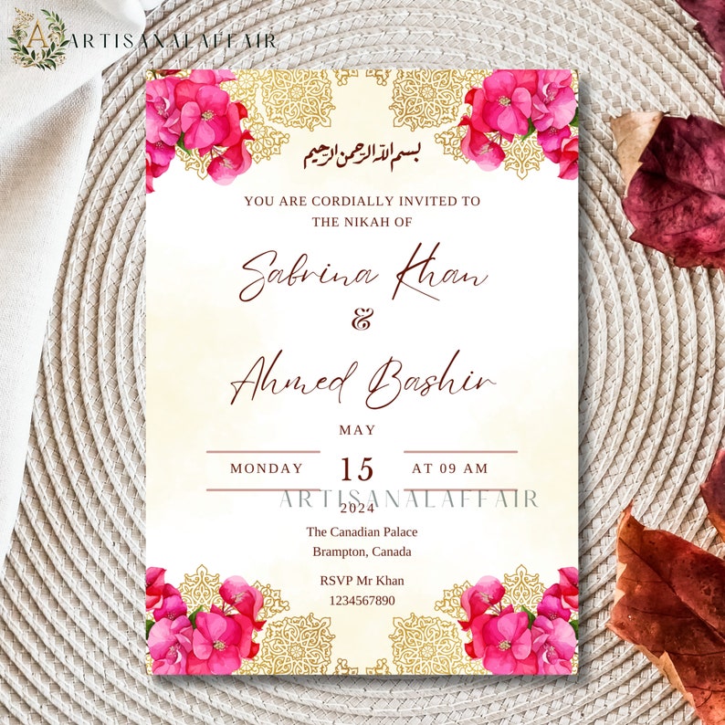 Digital Muslim Wedding Invitation Template Pink Gold Floral Nikah ...