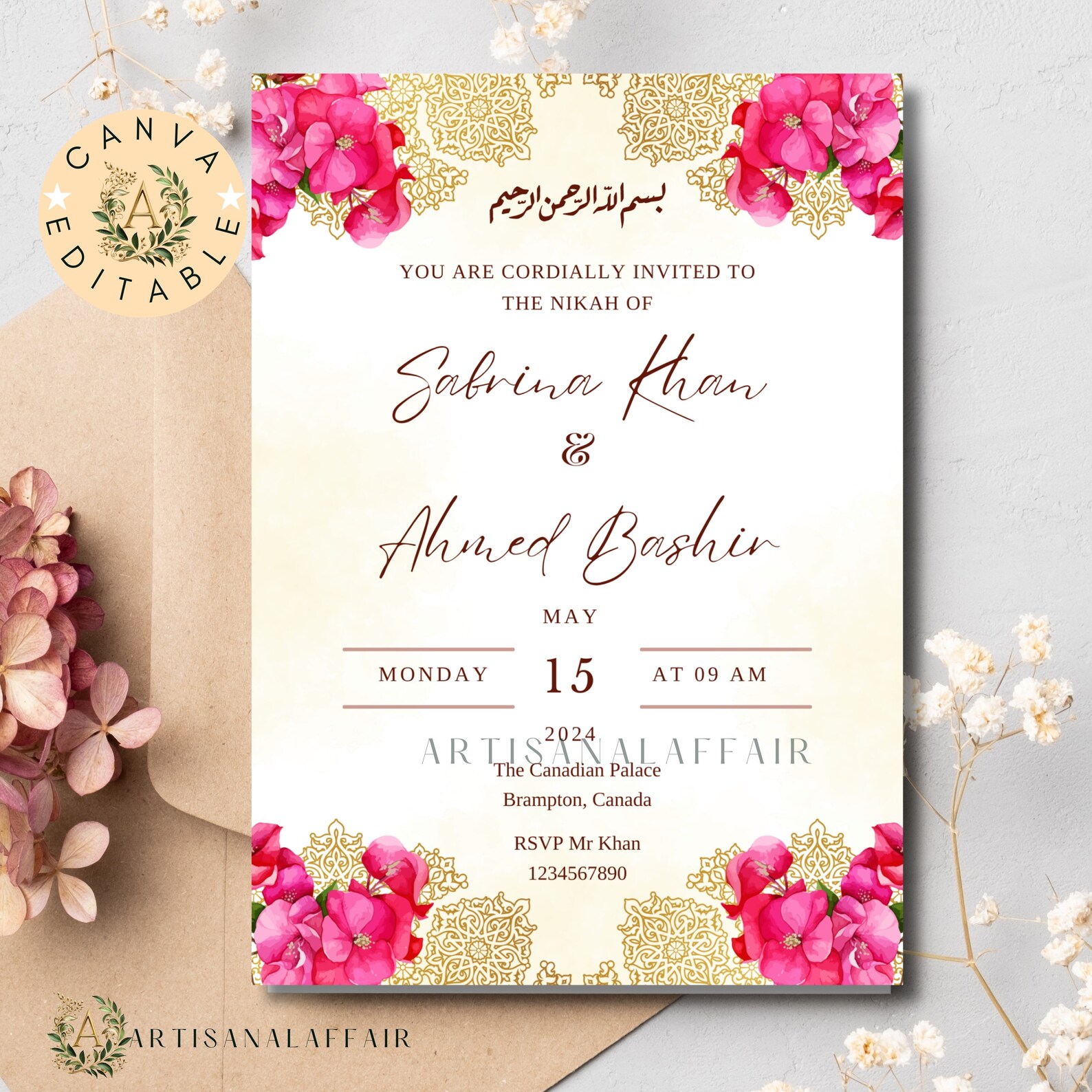 Digital Muslim Wedding Invitation Template Pink Gold Floral Nikah ...