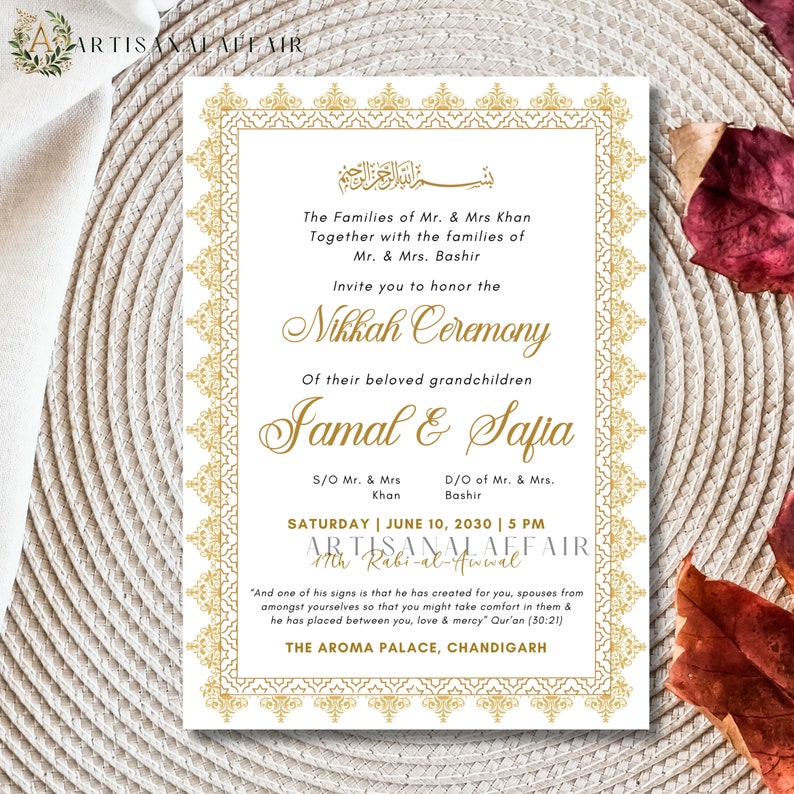 Elegant White & Gold Nikkah Invitation Template Canva Editable Nikah ...