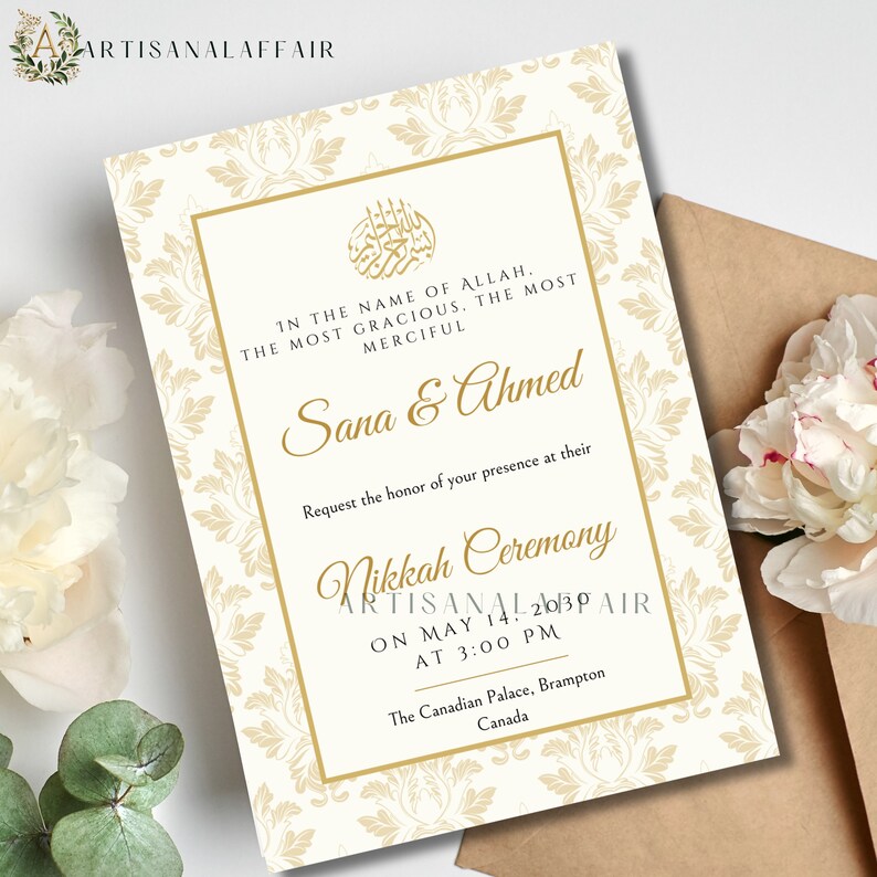 Cream Gold Nikkah Invitation Template Digital Islamic Pattern Wedding Invitation Card Muslim ...
