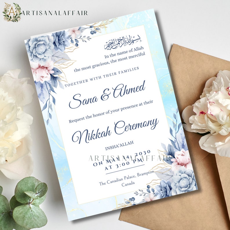 Blue Floral Muslim Wedding Invitation Digital Islamic Wedding Invitation Template Elegant Nikkah ...