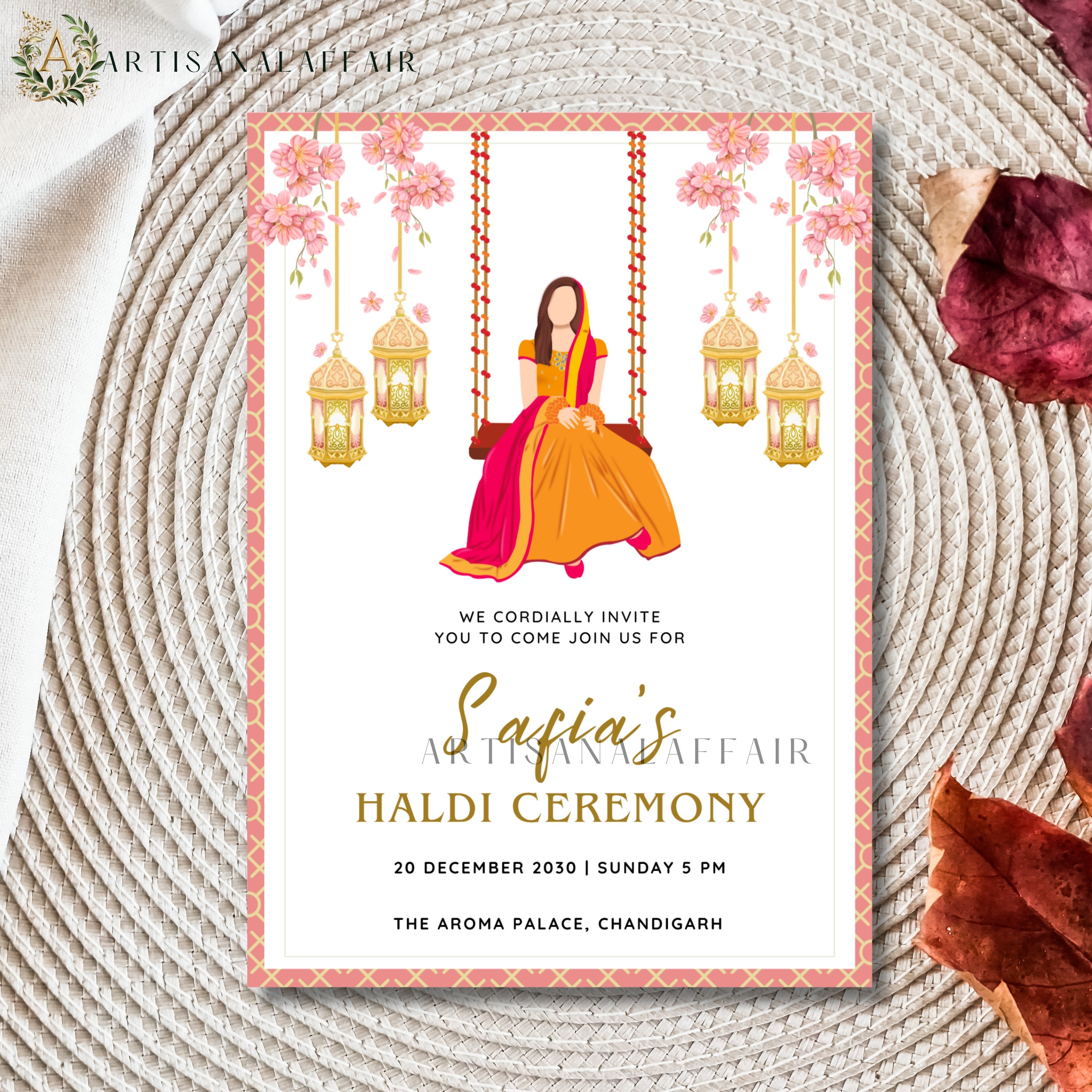 Elegant White Pink Henna Invitation Card Canva Editable Haldi ...