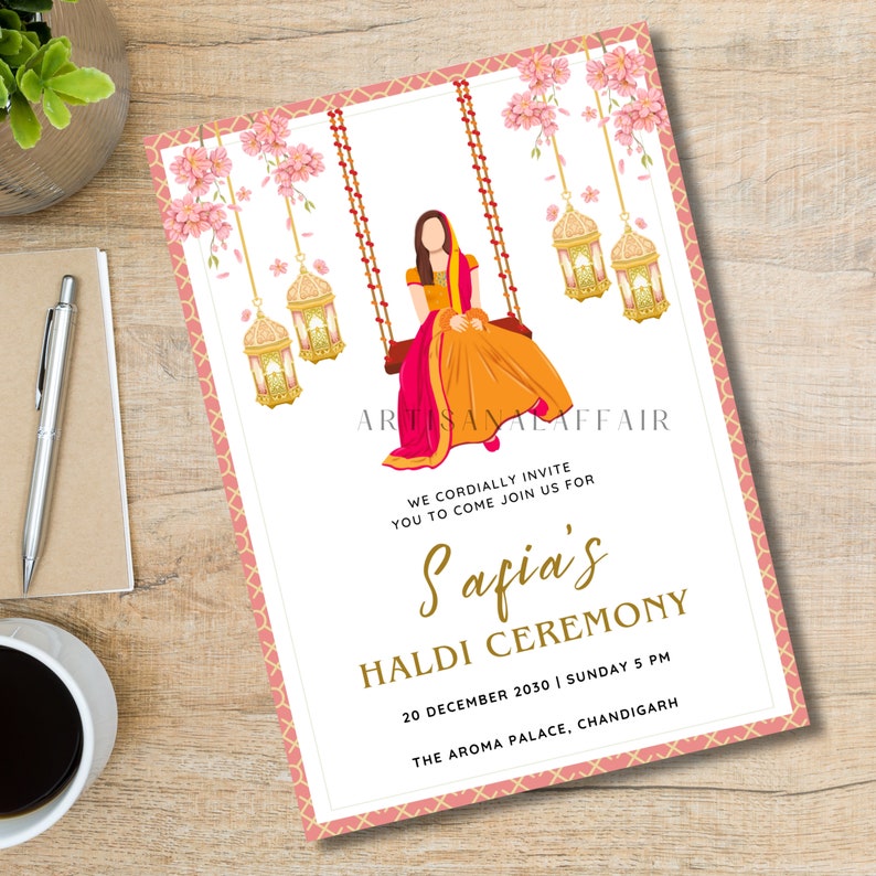Elegant White Pink Henna Invitation Card Canva Editable Haldi ...
