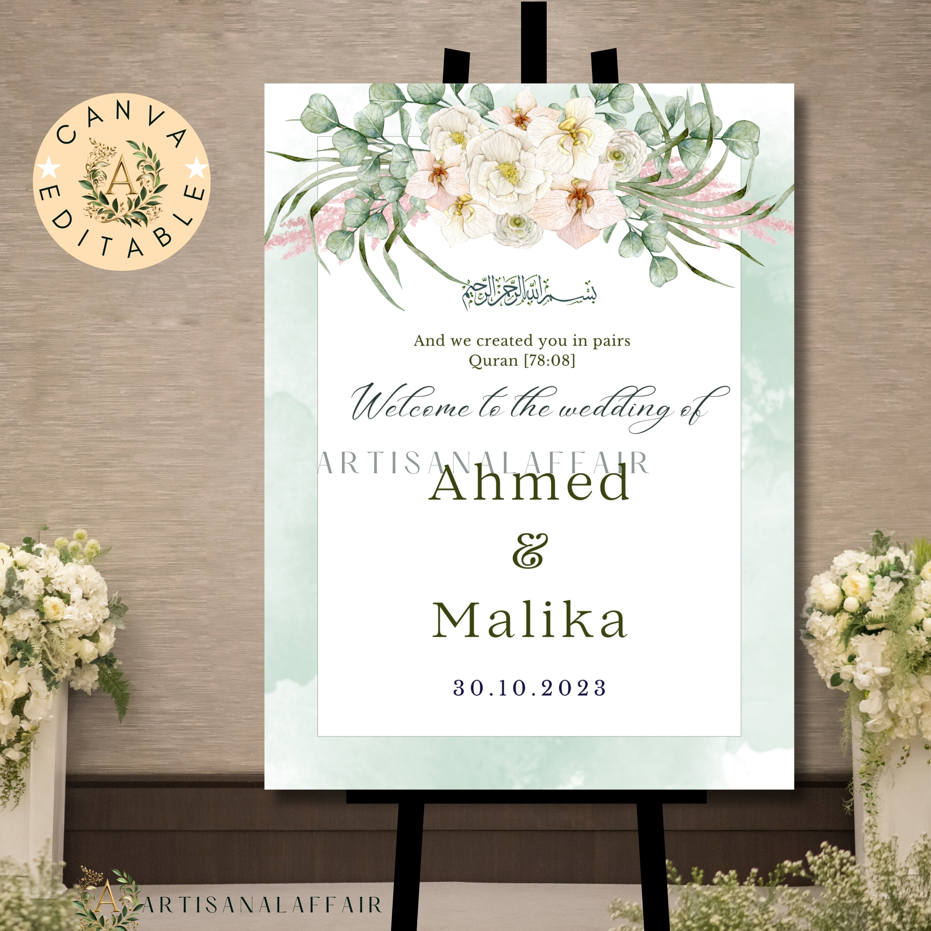Green Muslim Wedding Welcome Sign Floral Green & White Editable Nikkah ...