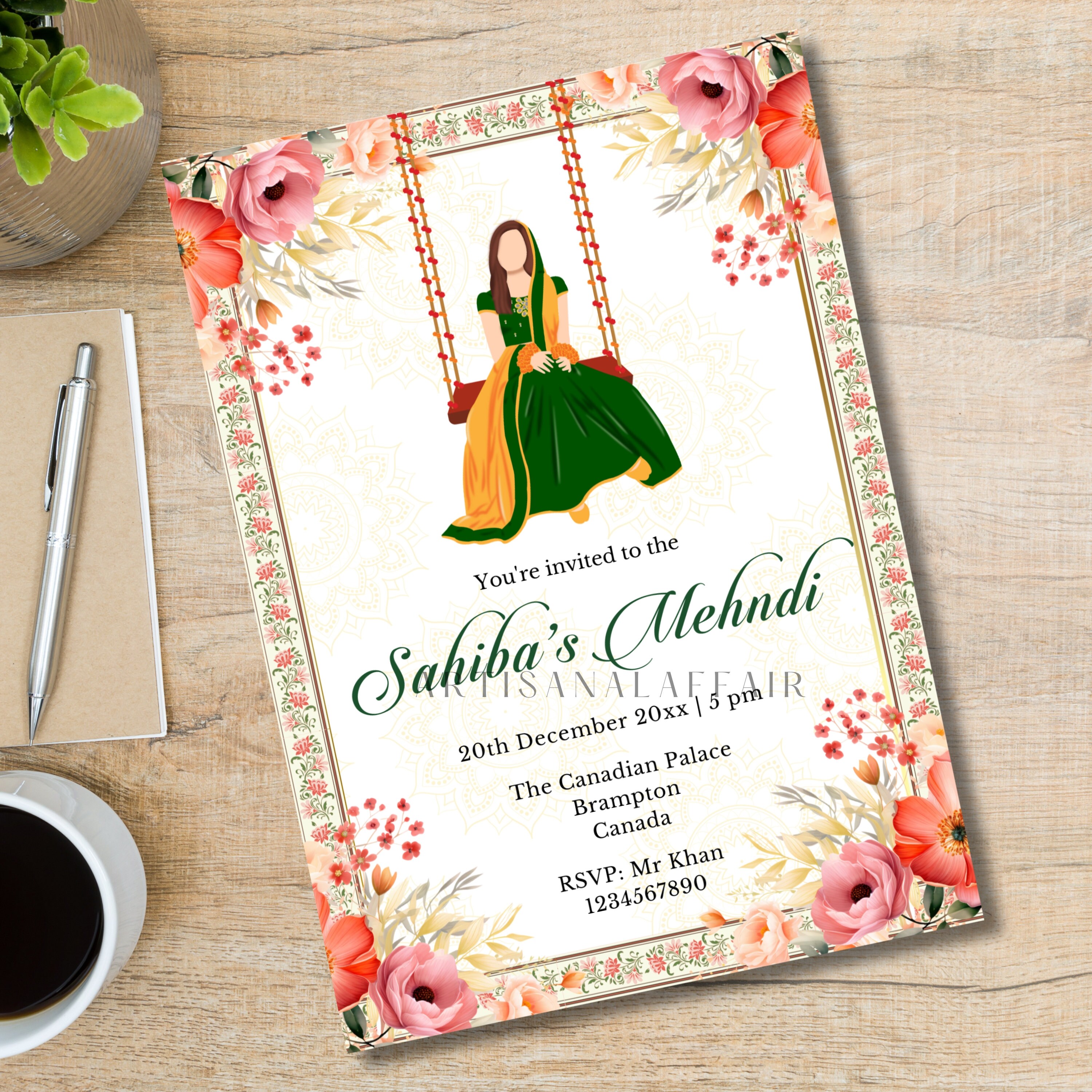 Digital Mehndi Invitation Template Canva Editable Haldi Invite Mayoon ...