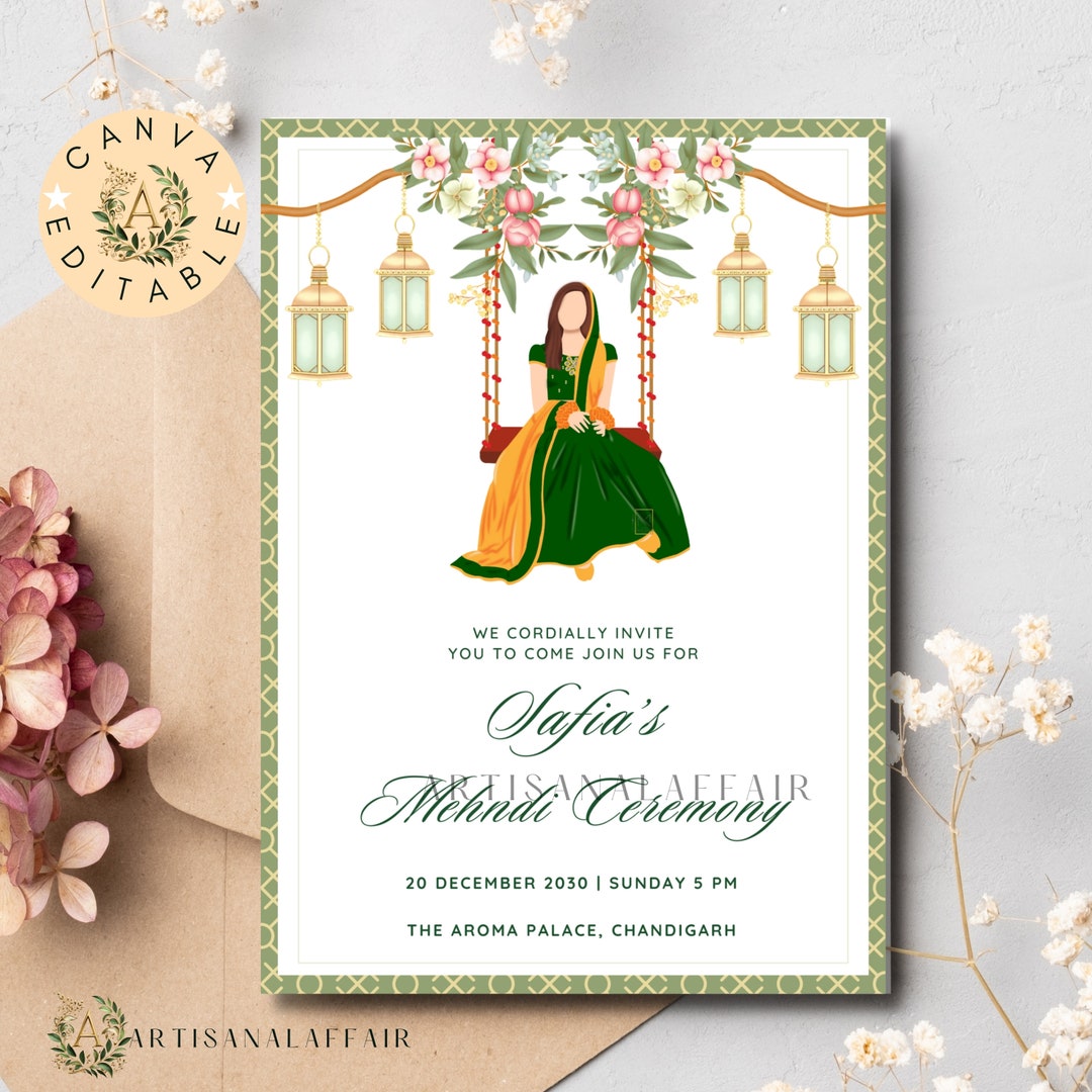Elegant Green Mehndi Invitation Template Dholki Invite Canva Editable ...