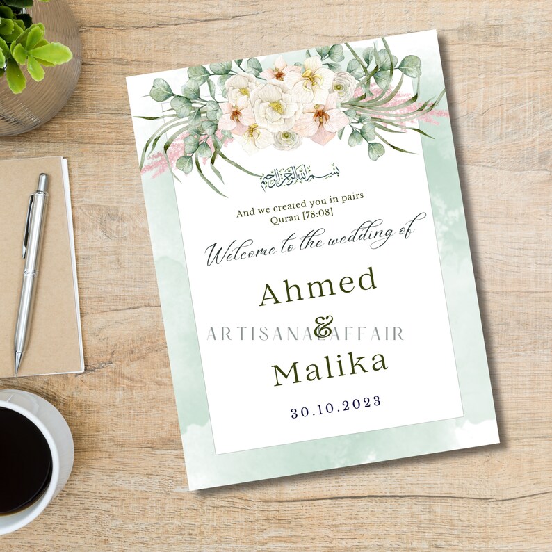 Green Muslim Wedding Welcome Sign Floral Green & White Editable Nikkah ...