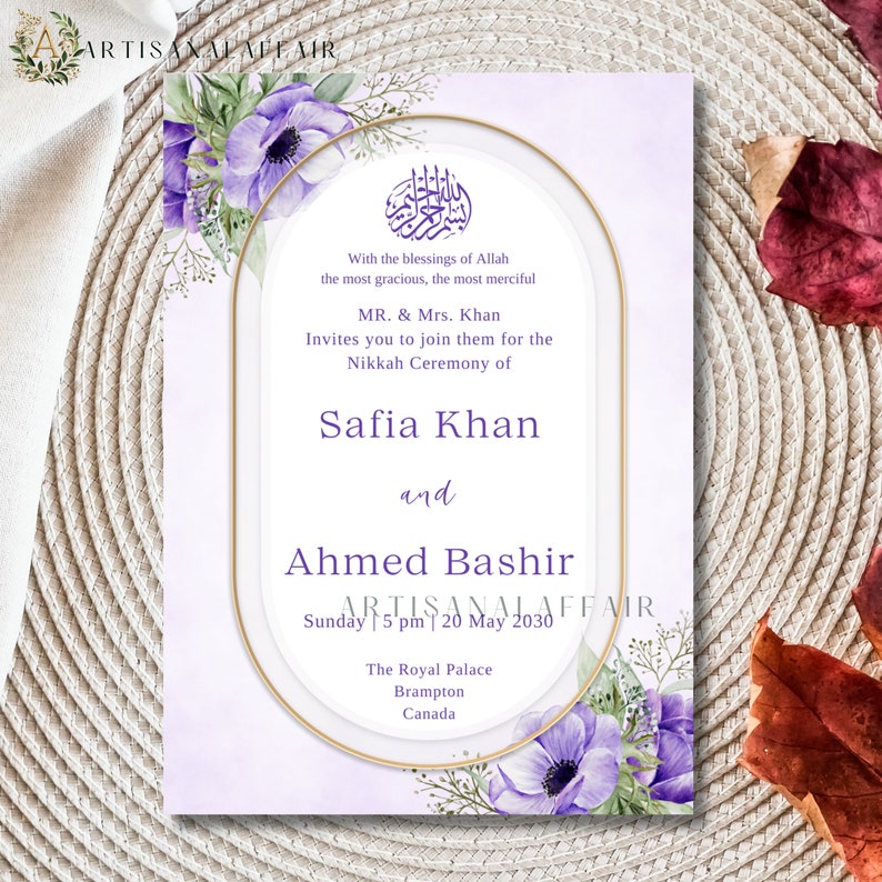 Purple Nikkah Invitation Template Digital Muslim Wedding Invitation Template Digital Islamic ...