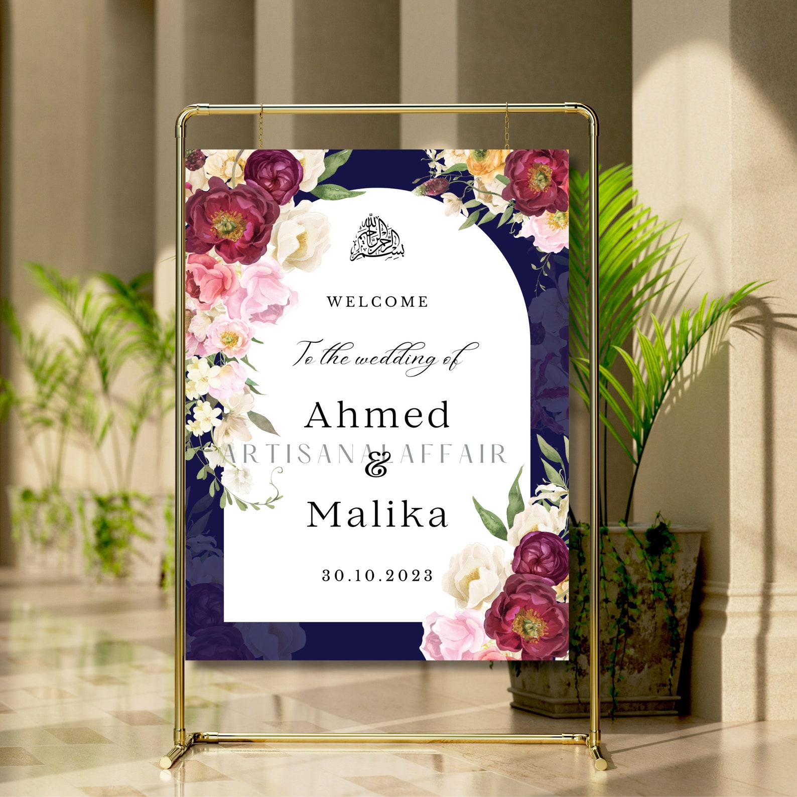 Blue Muslim Wedding Sign Editable Nikkah Welcome Sign Floral Burgundy ...