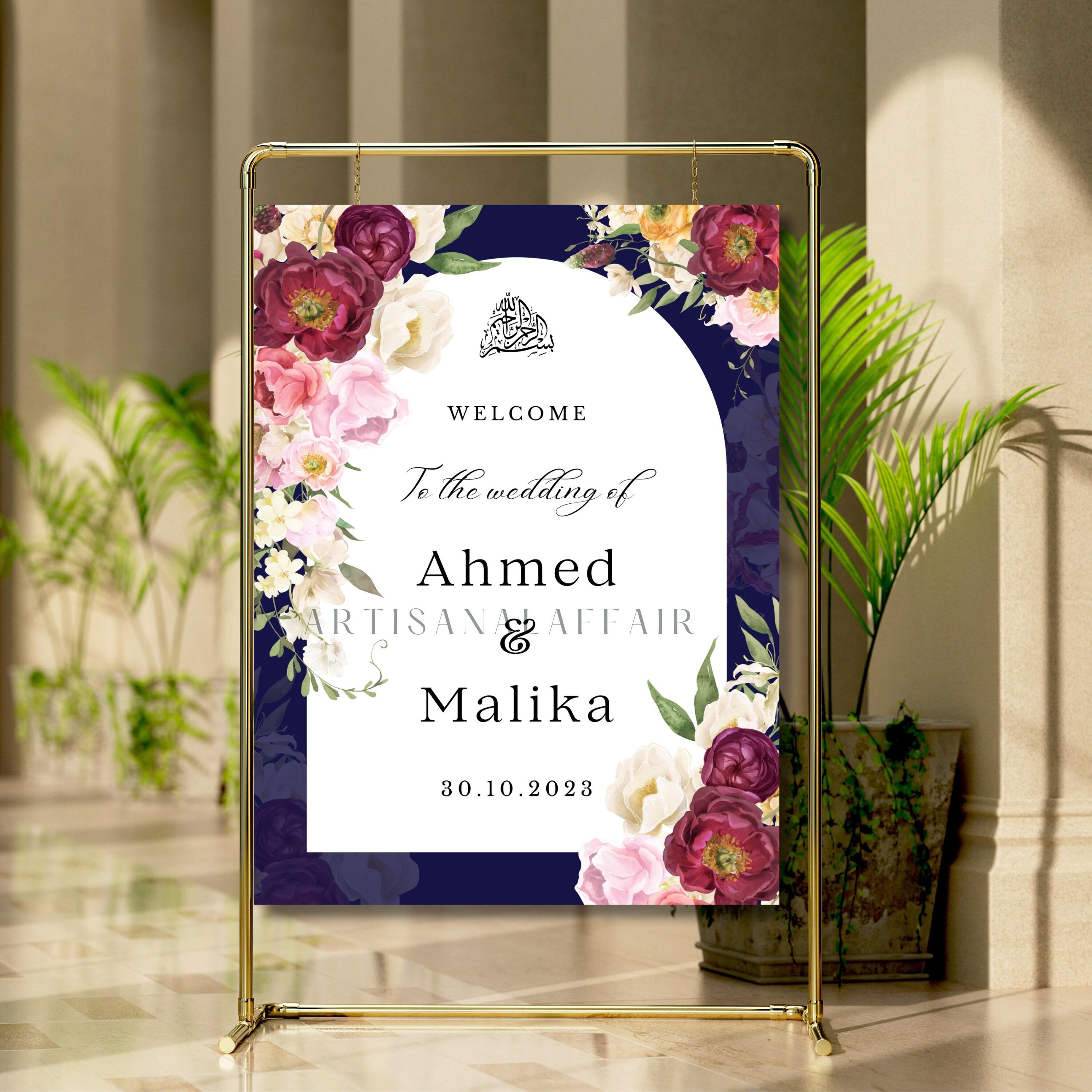 Blue Muslim Wedding Sign Editable Nikkah Welcome Sign Floral Burgundy ...