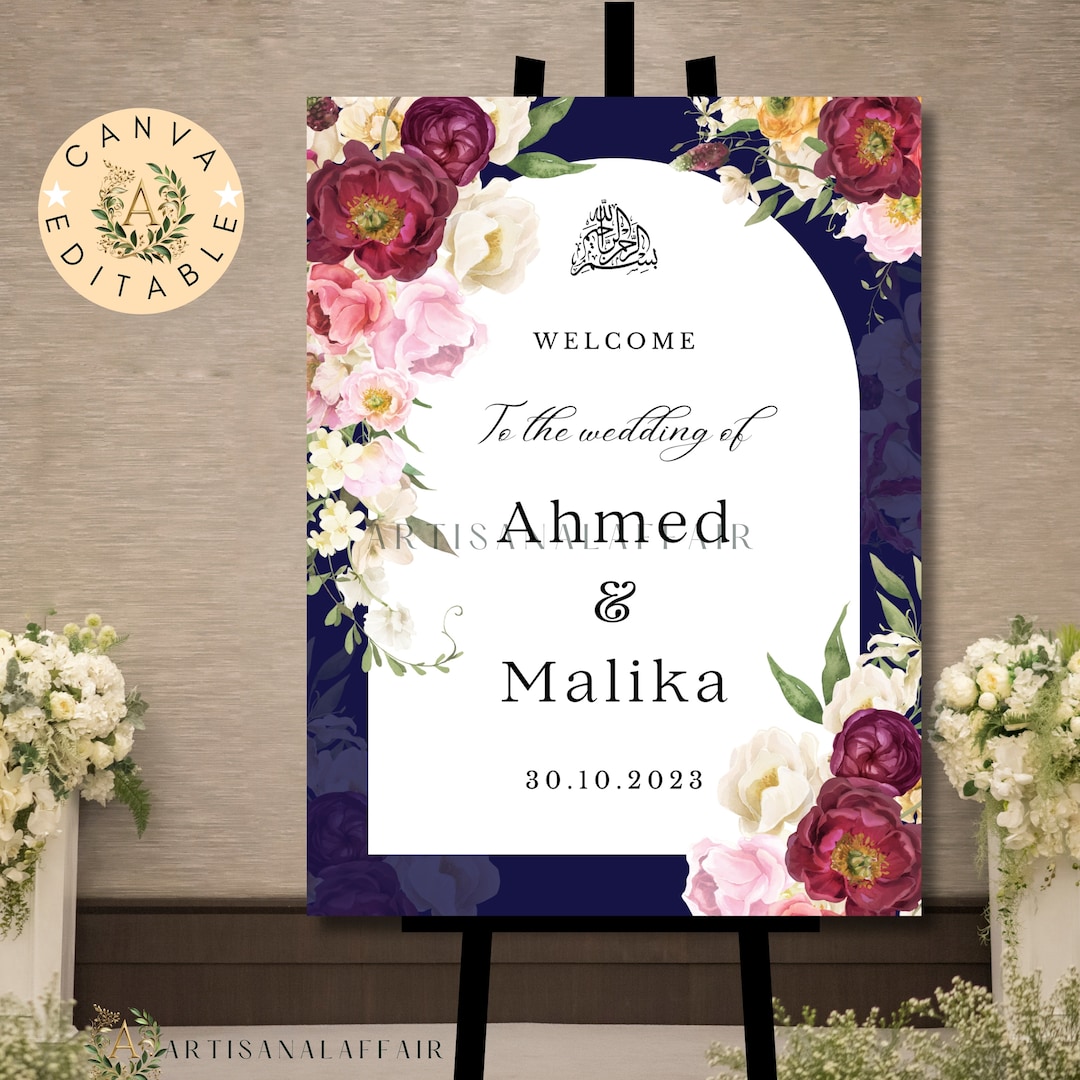 Blue Muslim Wedding Sign Editable Nikkah Welcome Sign Floral Burgundy ...