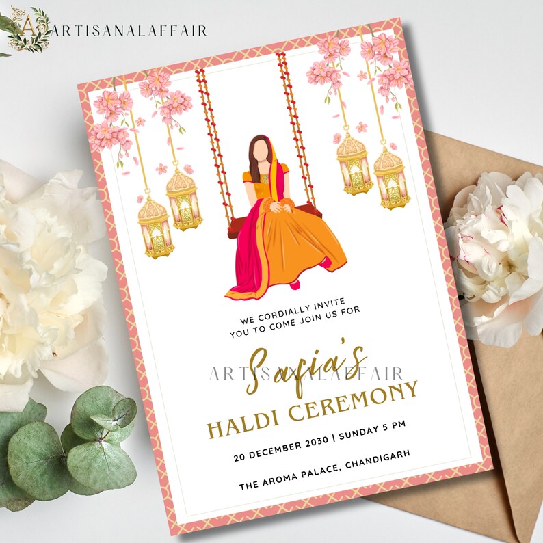Elegant White Pink Henna Invitation Card Canva Editable Haldi ...