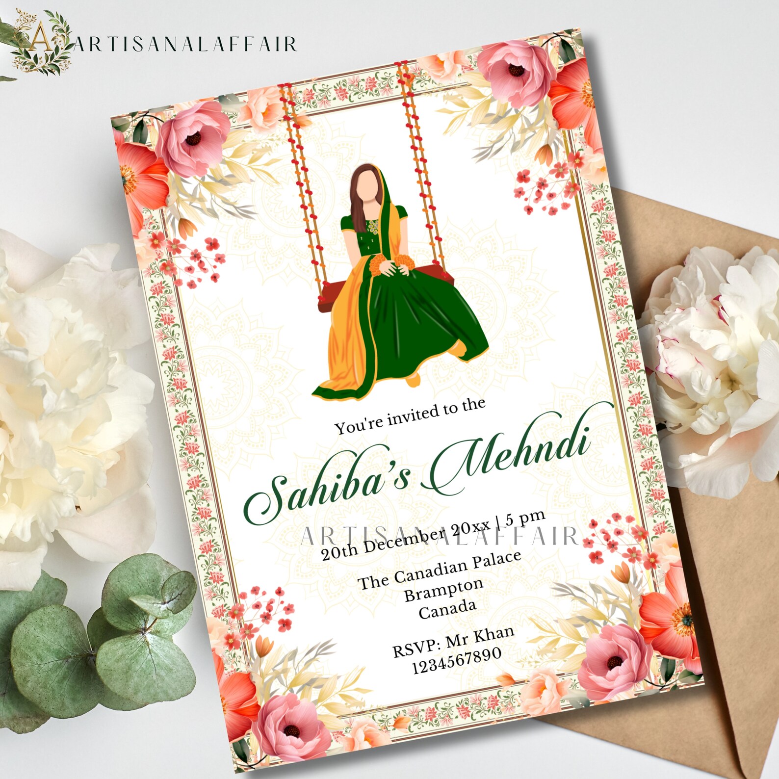 Digital Mehndi Invitation Template Canva Editable Haldi Invite Mayoon ...