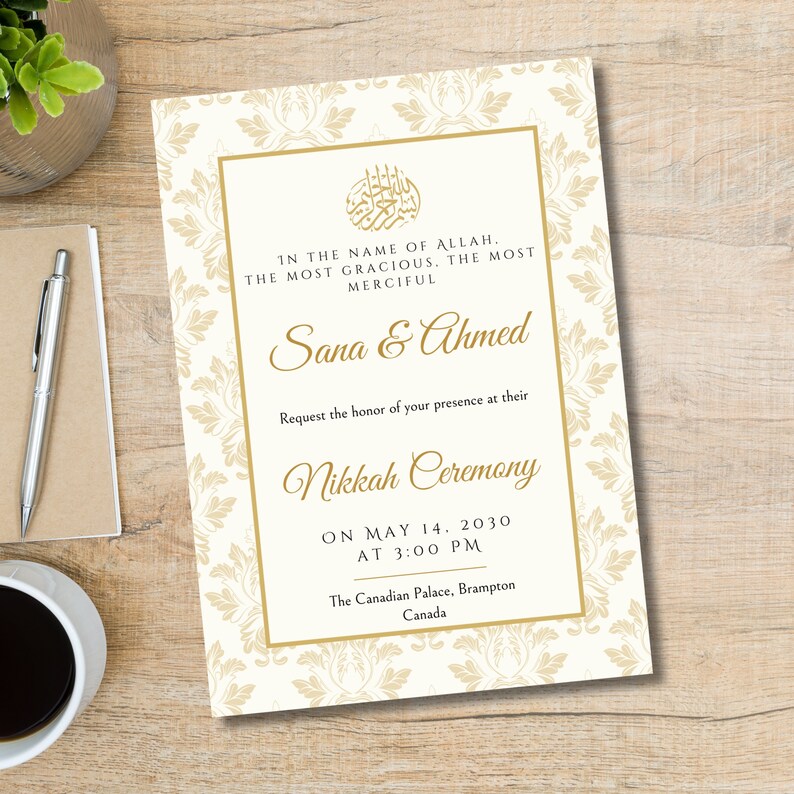 Cream Gold Nikkah Invitation Template Digital Islamic Pattern Wedding Invitation Card Muslim ...