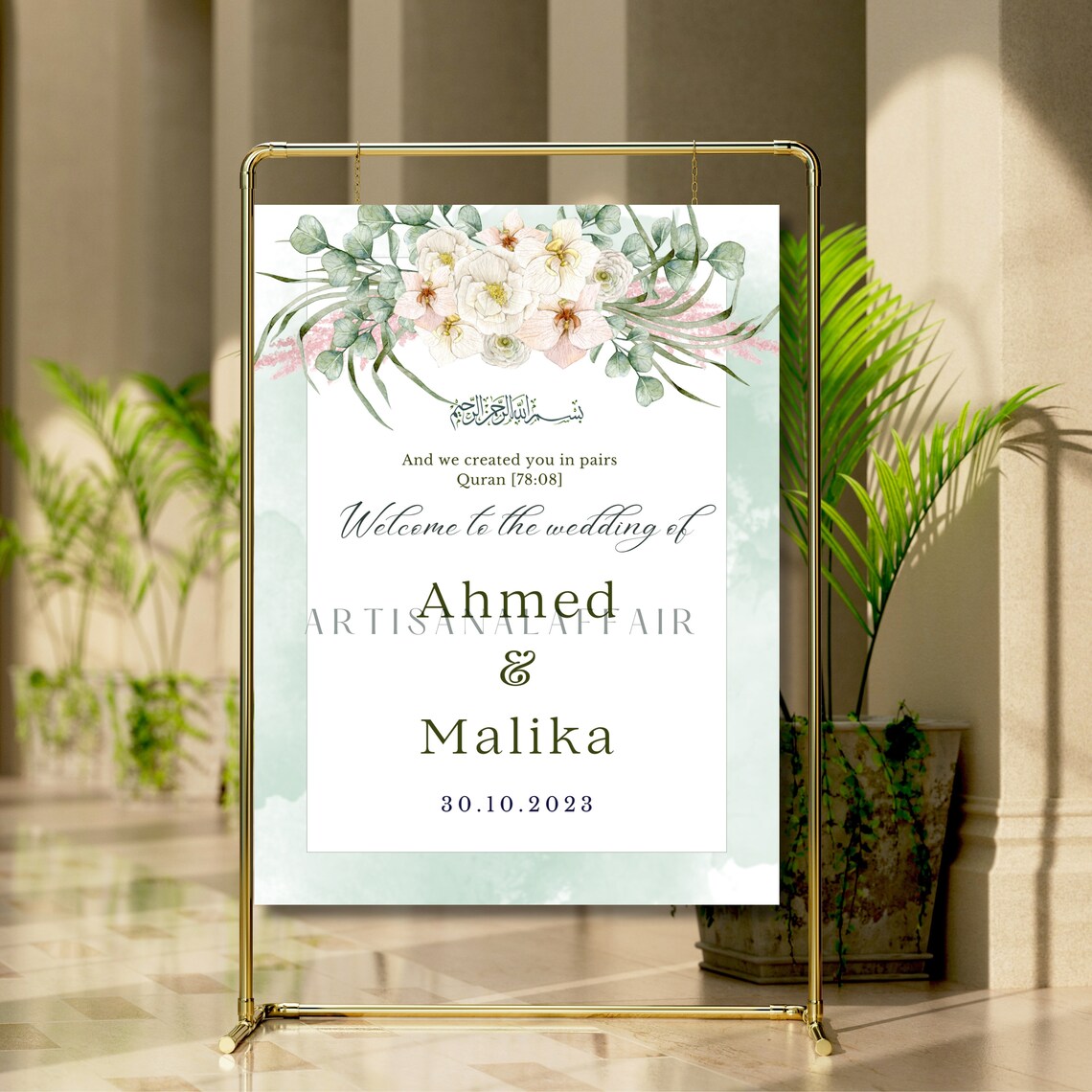 Green Muslim Wedding Welcome Sign Floral Green & White Editable Nikkah ...