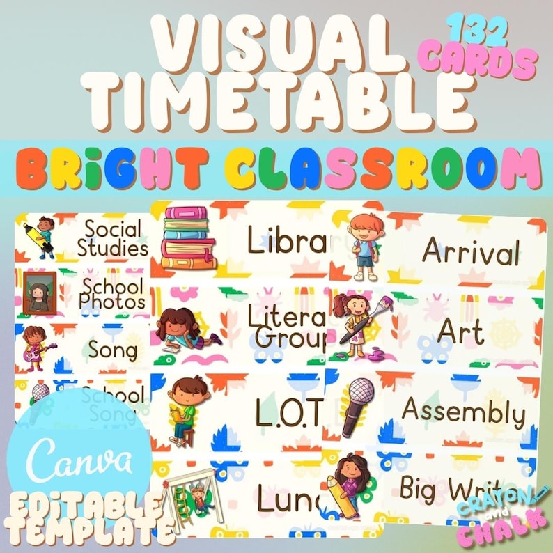 Bright Classroom Visual Timetable Cards | 132 Editable Daily Schedule ...