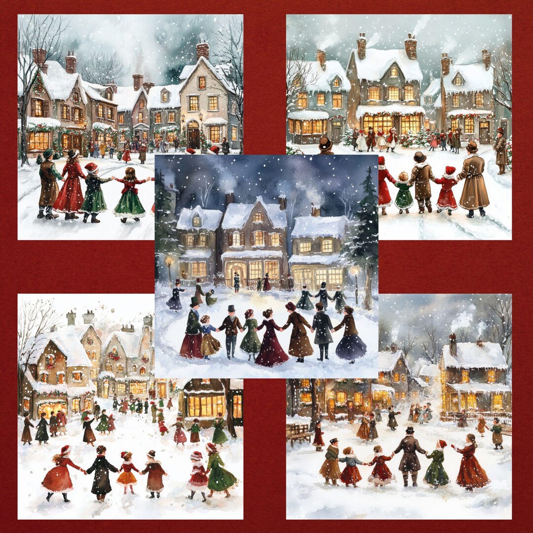 Victorian Christmas Village Art, Festive Winter Scene Illustrations, 5 ...